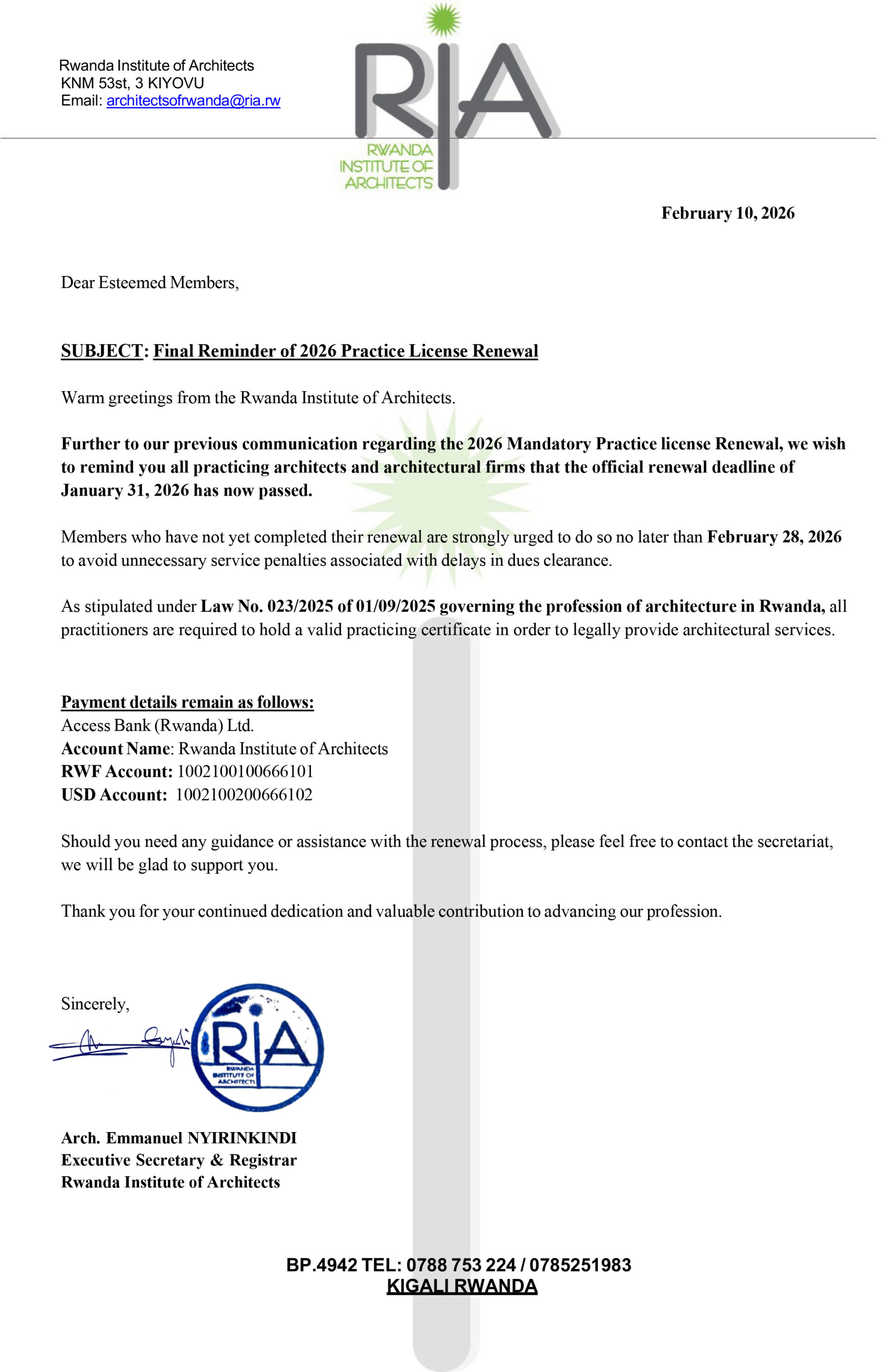 Final Reminder of 2026 Practice License Renewal – Rwanda Institute of ...